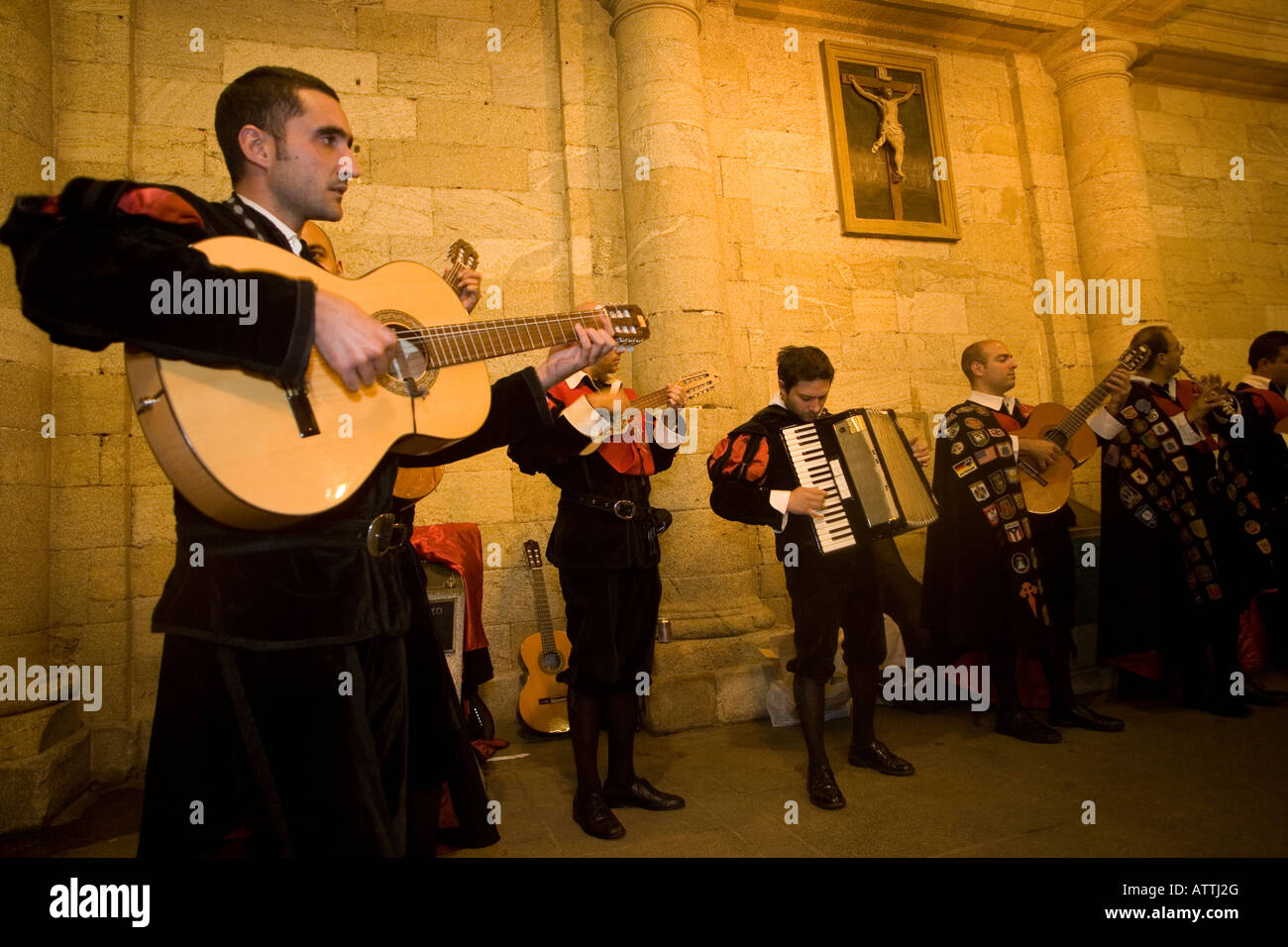 Musicians of a Tuna next to Cathedral Santiago de Compostela Galicia ...