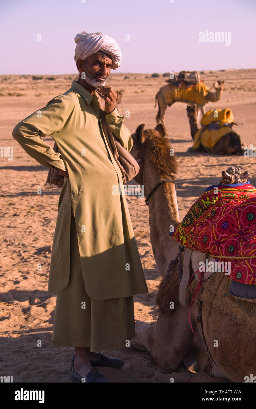 Portrait of an elderly camel driver with two camels in the Thar Desert ...