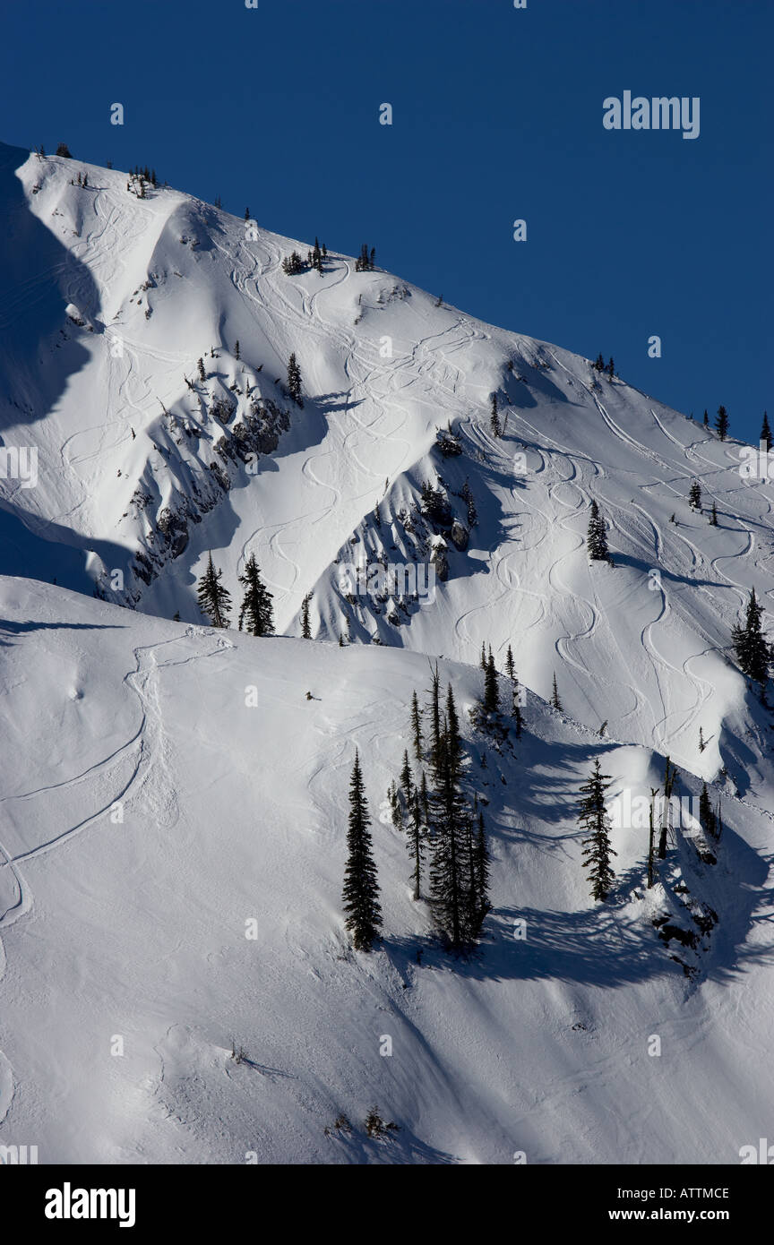 Ski trails in snow on mountain Stock Photo - Alamy