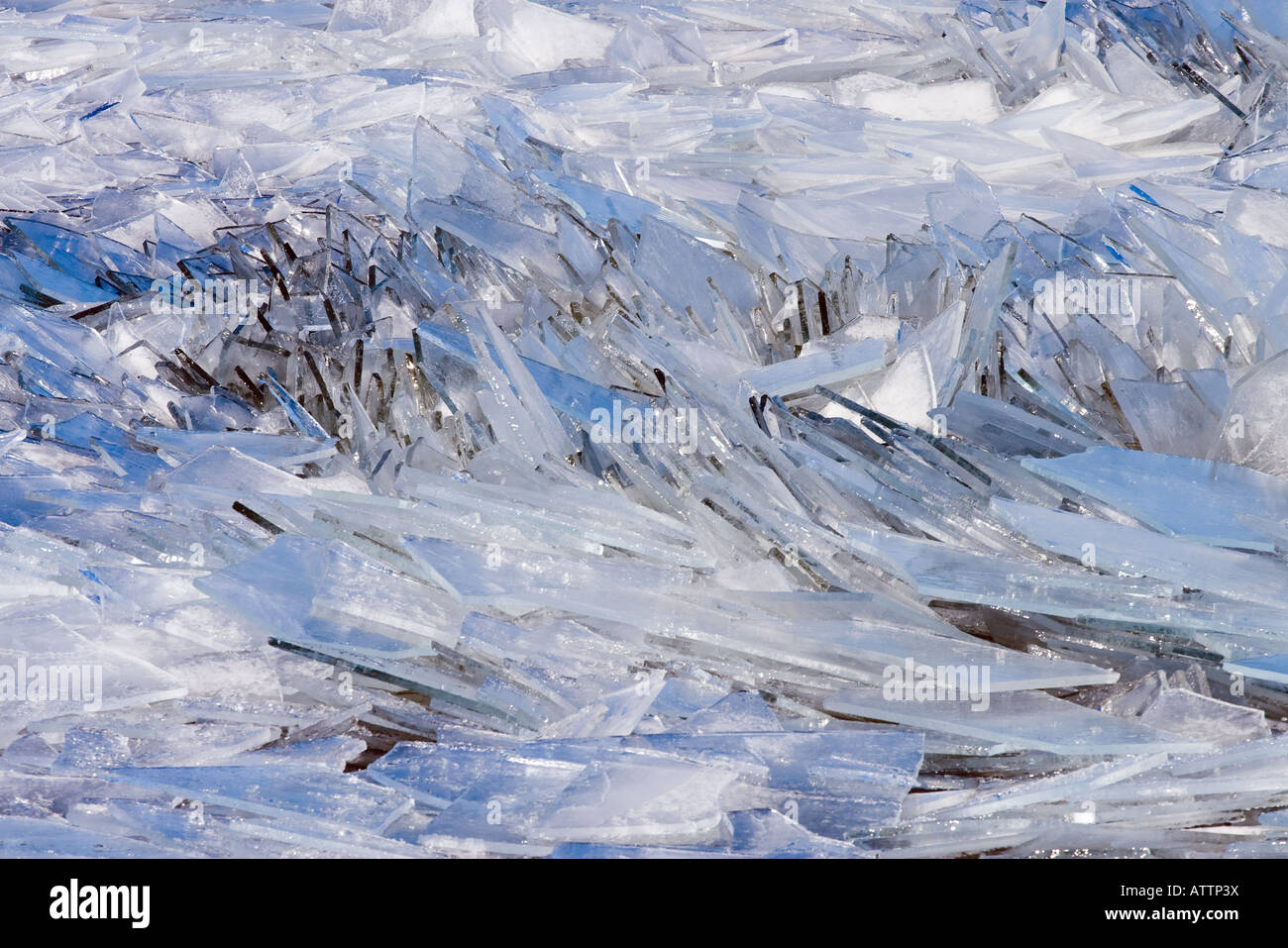 Abstract patterns of broken ice reflecting a cold blue sky in a Lake ...