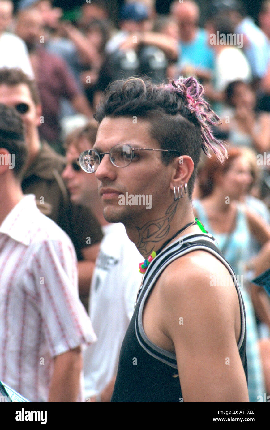 Alternative man age 30 looking thoughtful at Bastille Day. Minneapolis ...