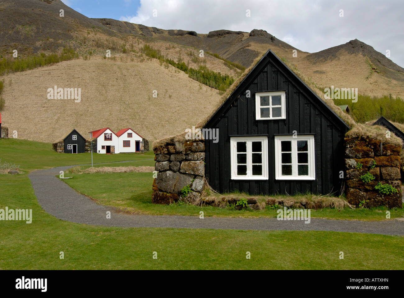 Traditional old turf covered houses at Skogar open air museum on the ...