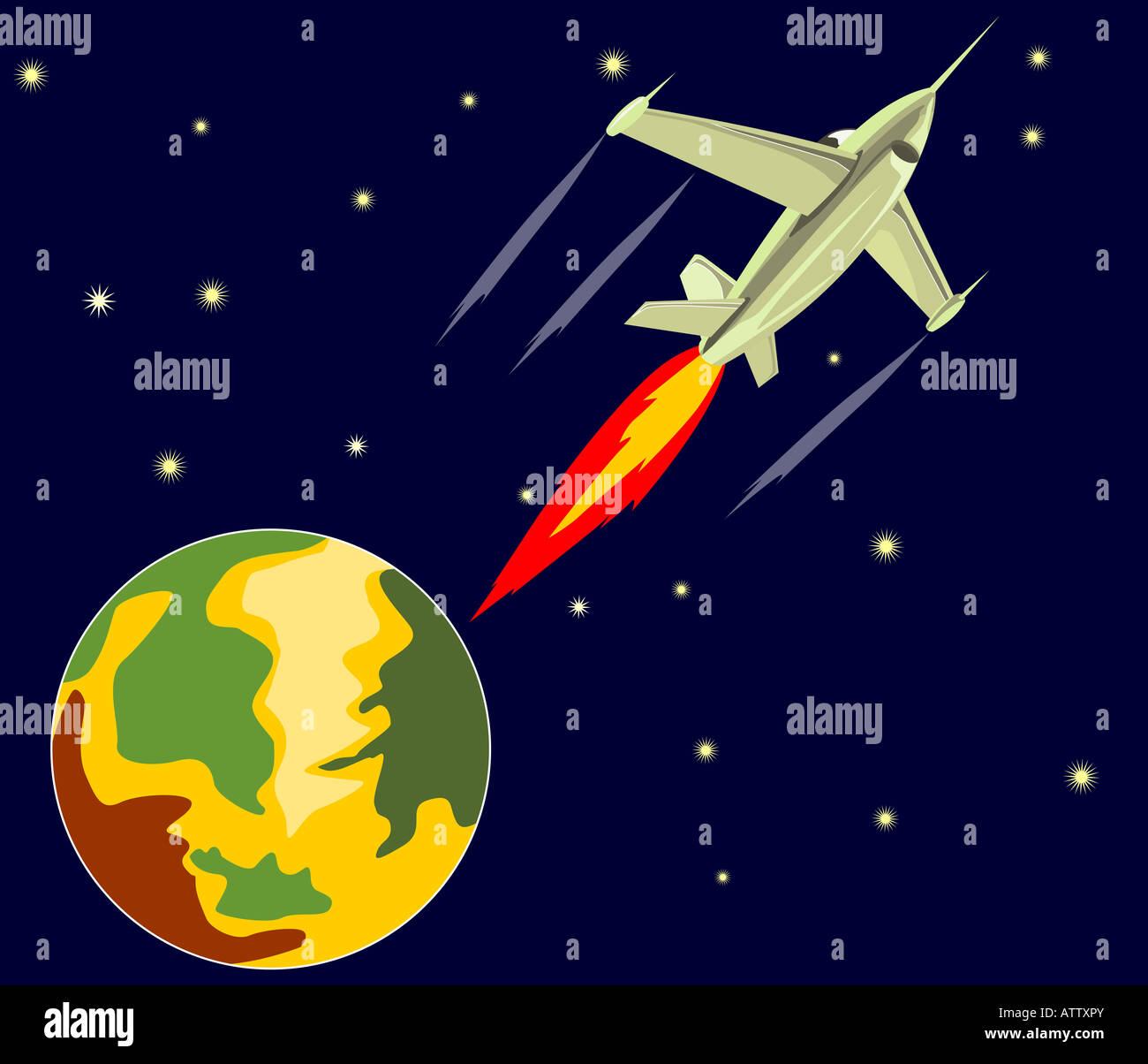 Rocket ship flying up with earth in the background Stock Photo - Alamy