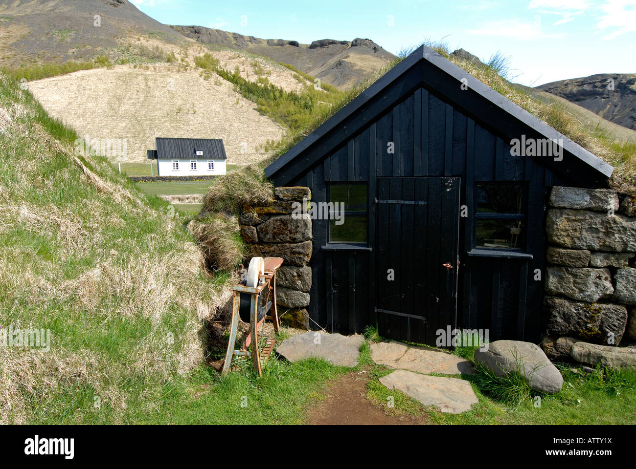 Traditional old turf covered houses at Skogar open air museum on the ...