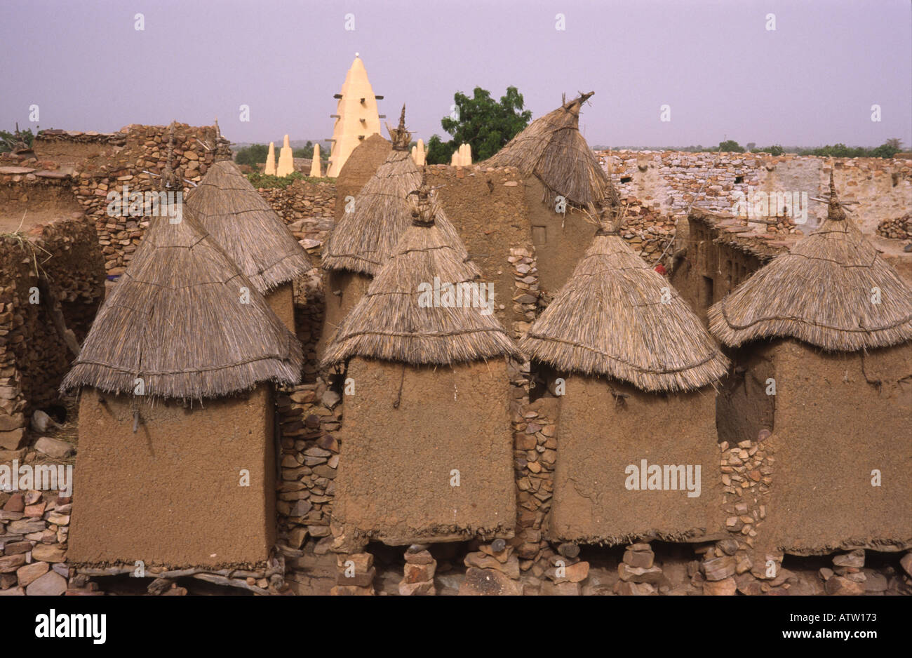 Dogon country Mali West Africa a row of granaries with mosque in the ...