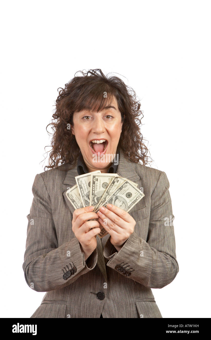 Business woman holding a fan of money over a white background Eyes on ...