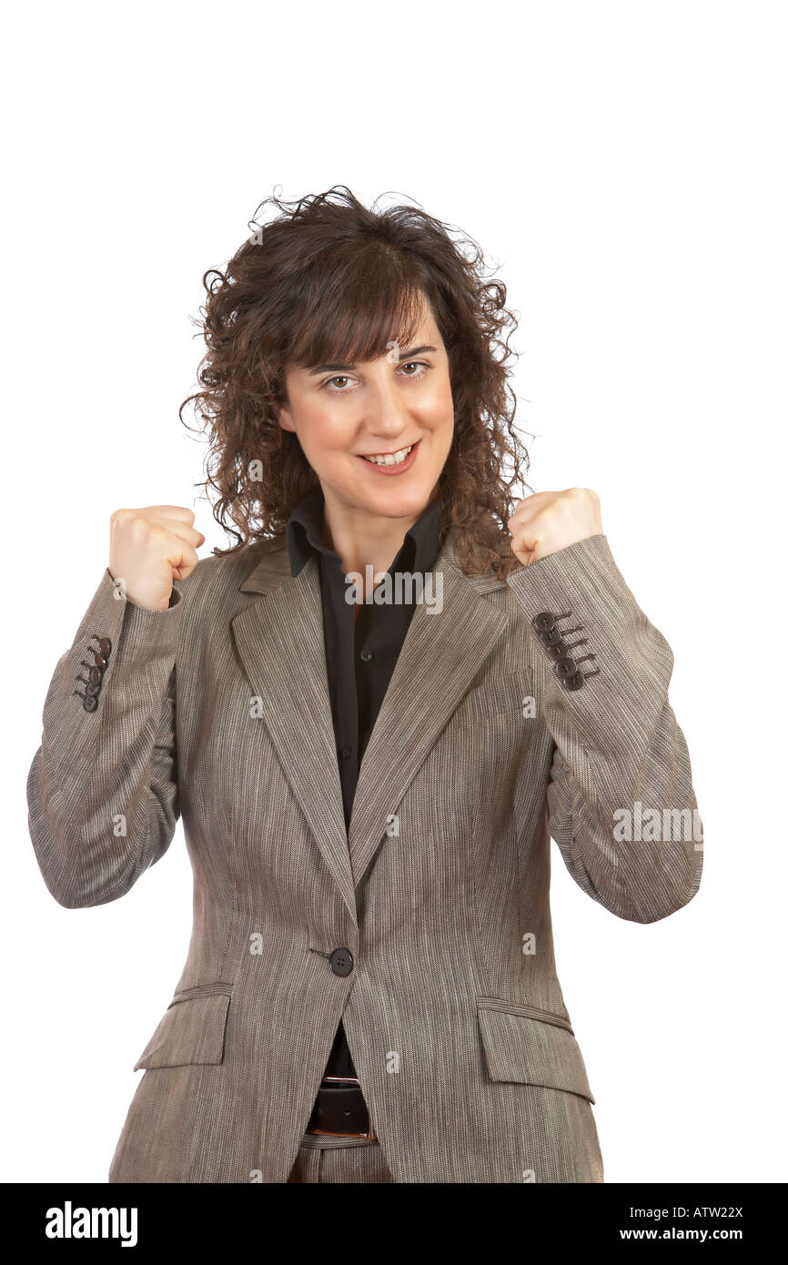 Excited business woman gesture over a white background Stock Photo - Alamy