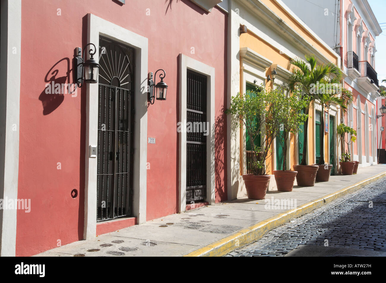 Cobblestone lane Colorful colonial architecture Old San Juan Puerto ...