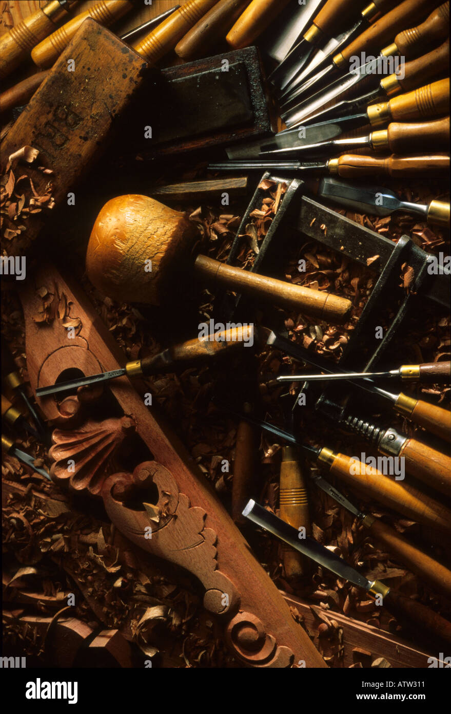 studio shot of collection of various chisels and woodworking tools ...