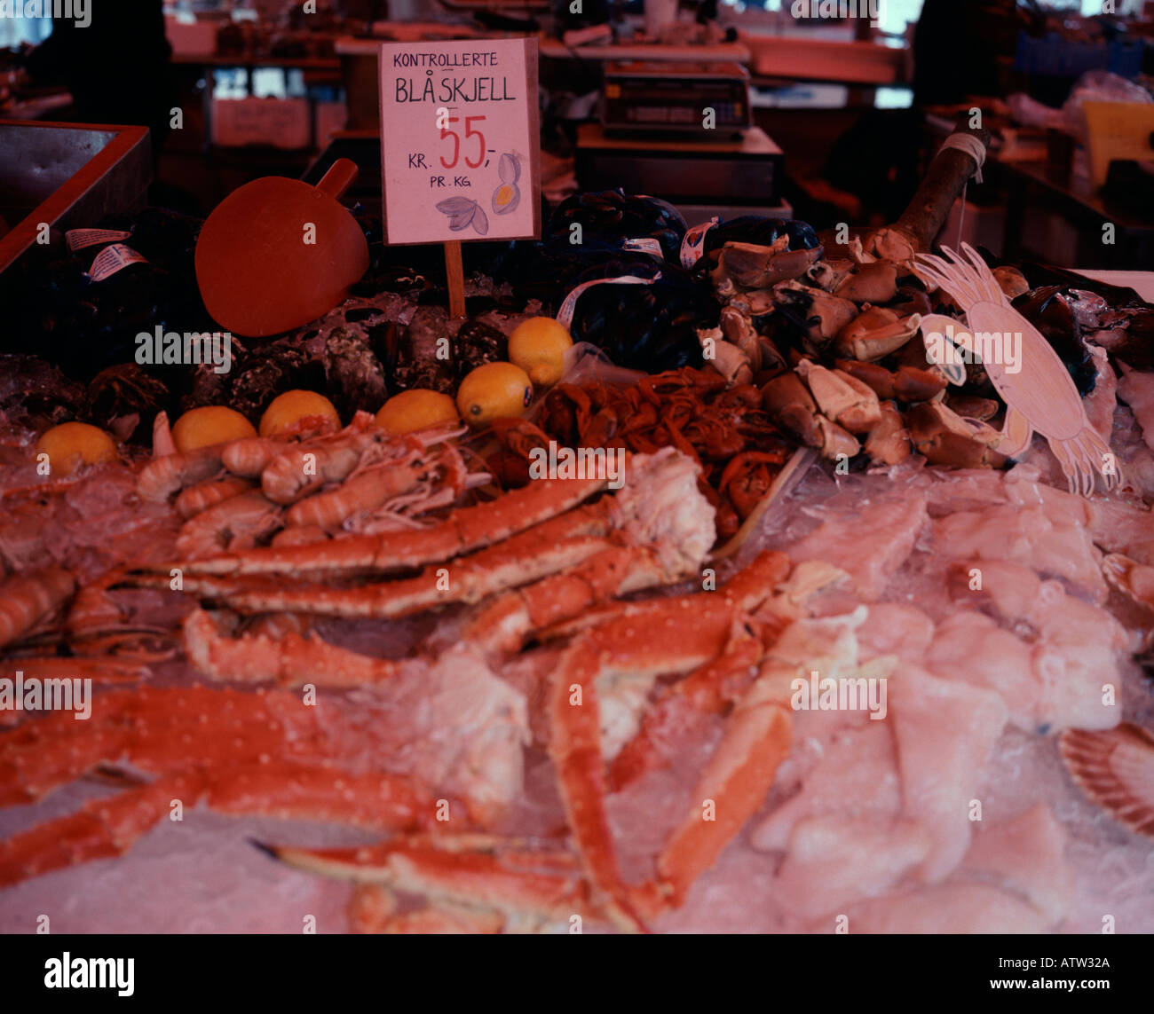 Fish and seafood for sale on a stall at Bergen Fish Market, Norway ...