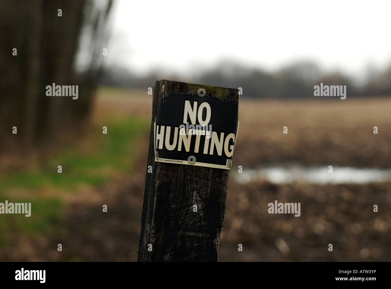 A no hunting sign alongside a rural road in the midwestern United ...