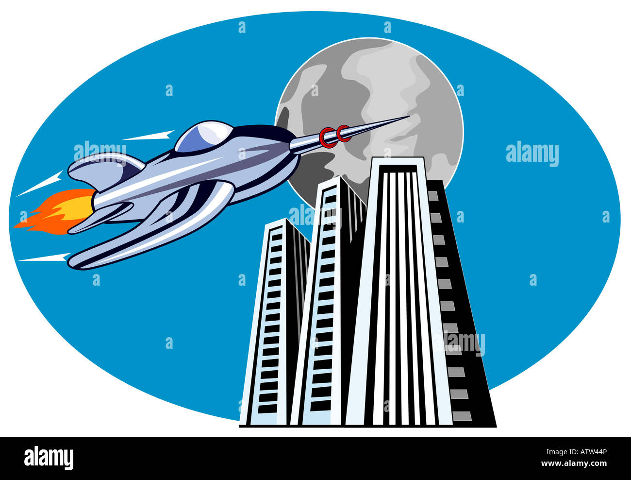 Retro style rocket ship with buildings and moon in the background Stock ...