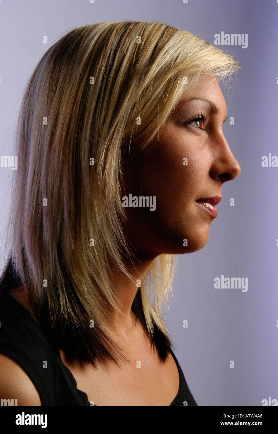 Portrait of young blonde English woman face side profile studio 2004 ...