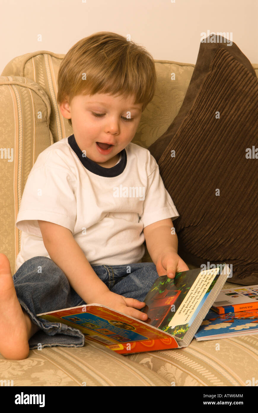 two year old boy reading a picture story book Stock Photo - Alamy