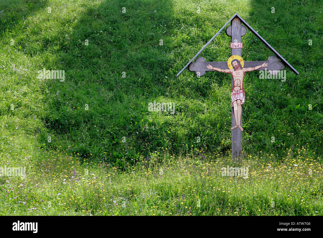 Romania cross crucifix wooden country site green grass somebody died ...