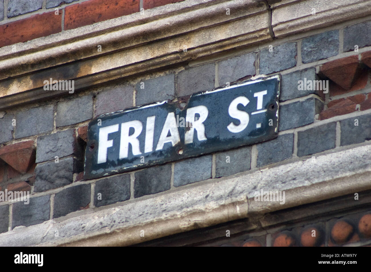 Friar Street Road name plate on brick wall Reading Berkshire Stock ...