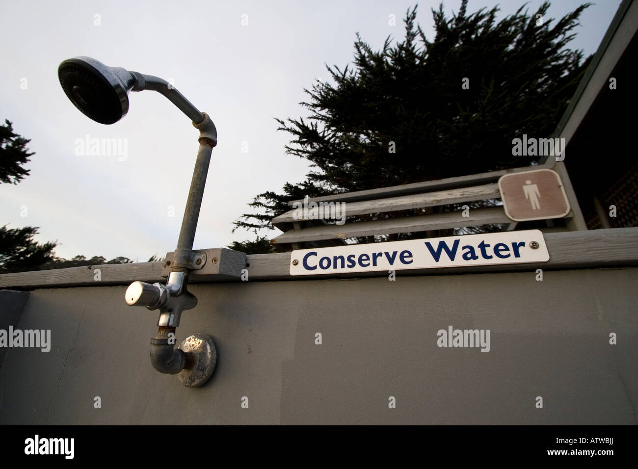 Water conservation sign on a shower at Stinson Beach, north of San ...