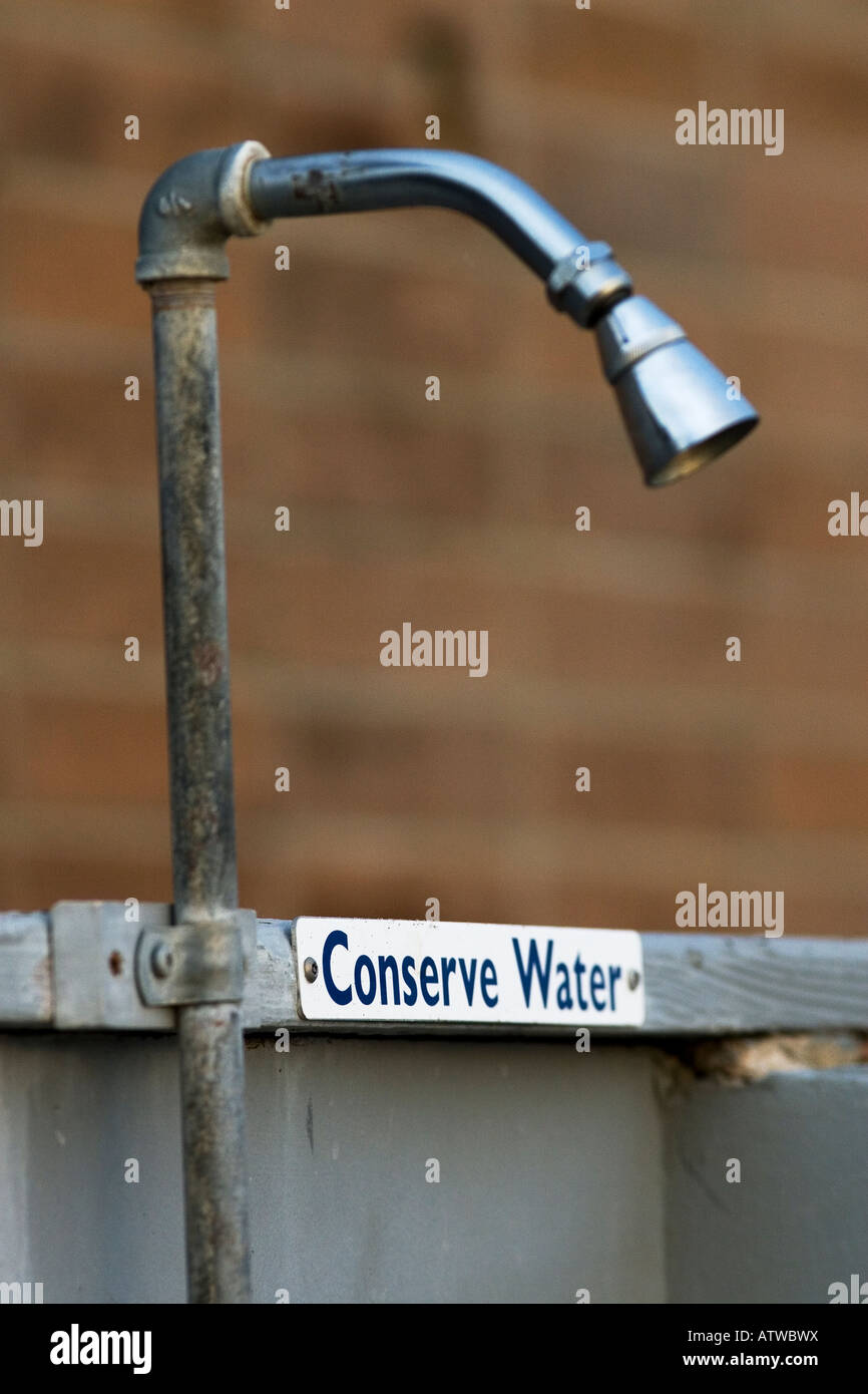 Water conservation sign on a shower at Stinson Beach, north of San ...