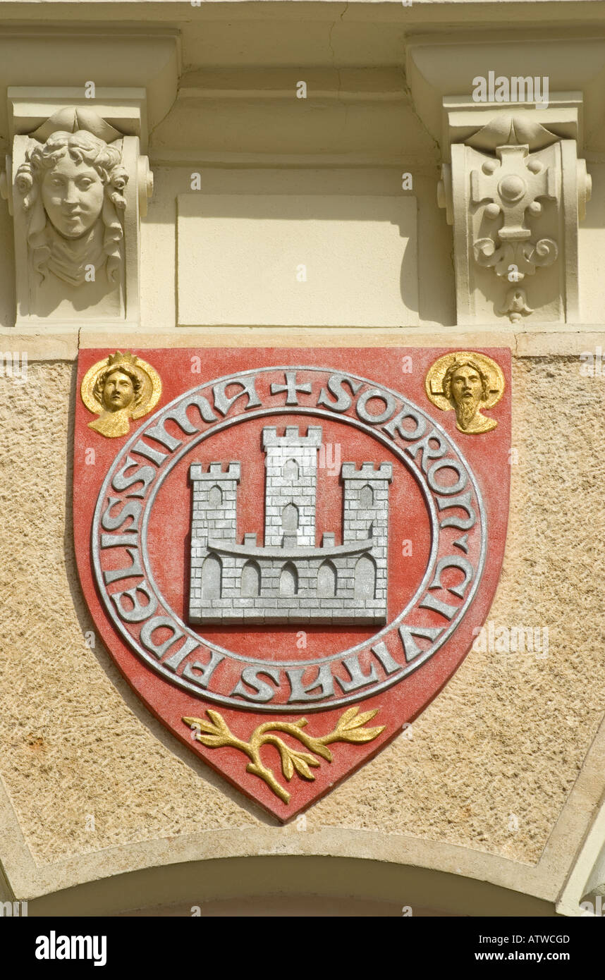 Sopron, Western Transdanubia, Hungary. Town Coat of Arms on house in Fo ...