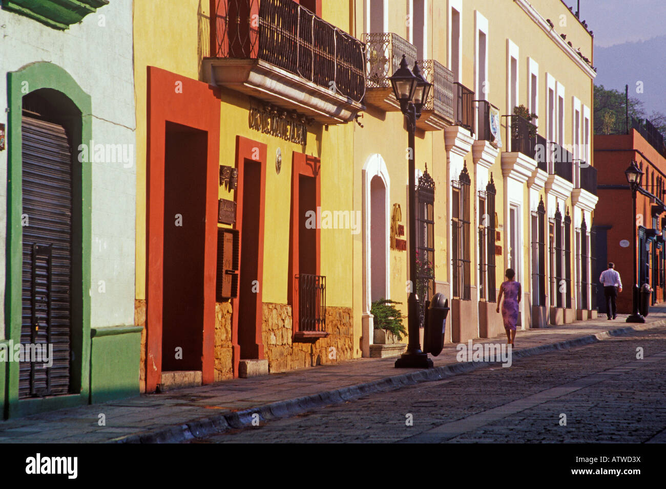 colorful colonial buildings along Macedonia Alcala Oaxaca Mexico Stock ...