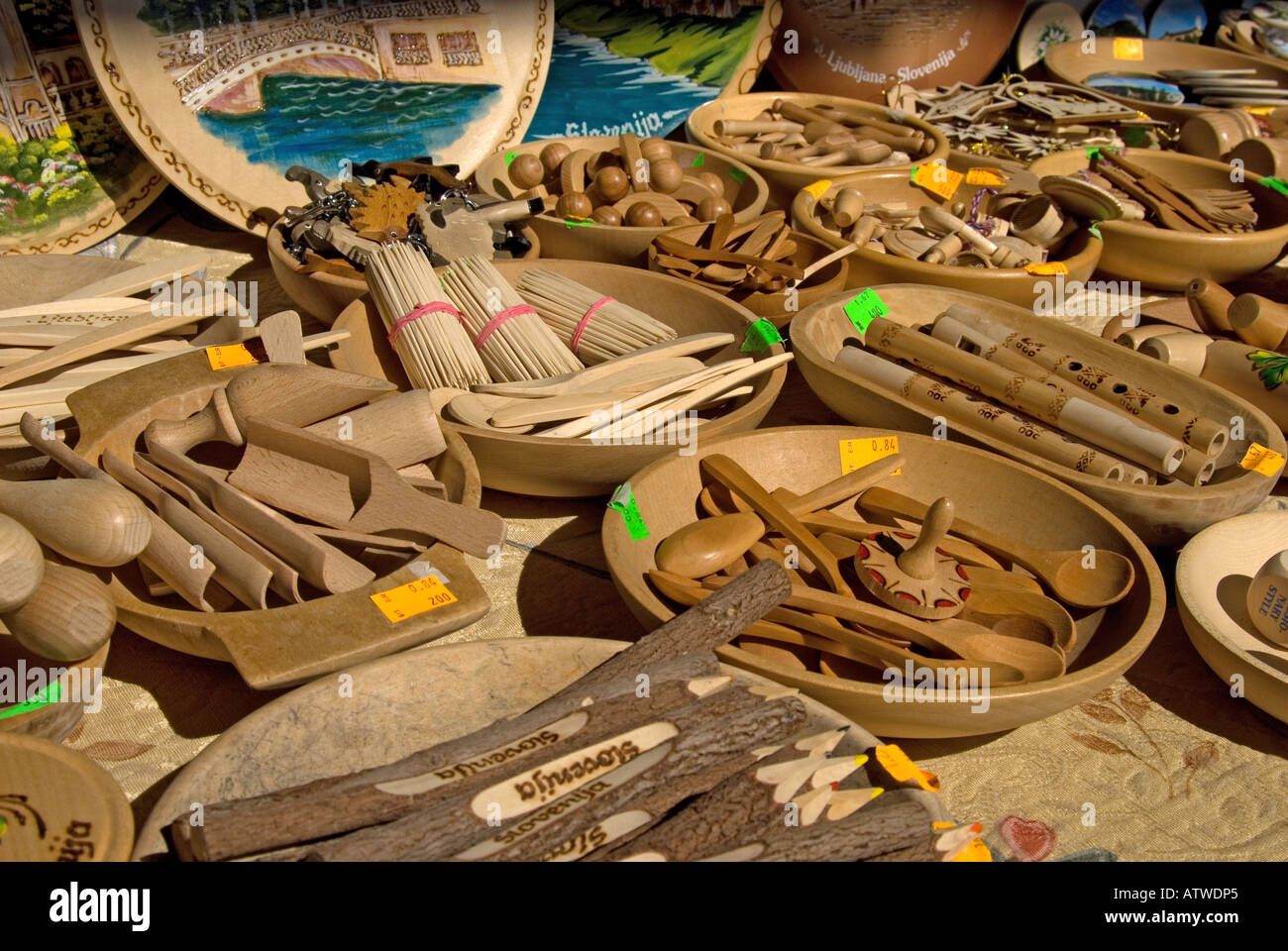 Ljubljana, Slovenia. Hand made wooden souvenirs on sale at the market ...