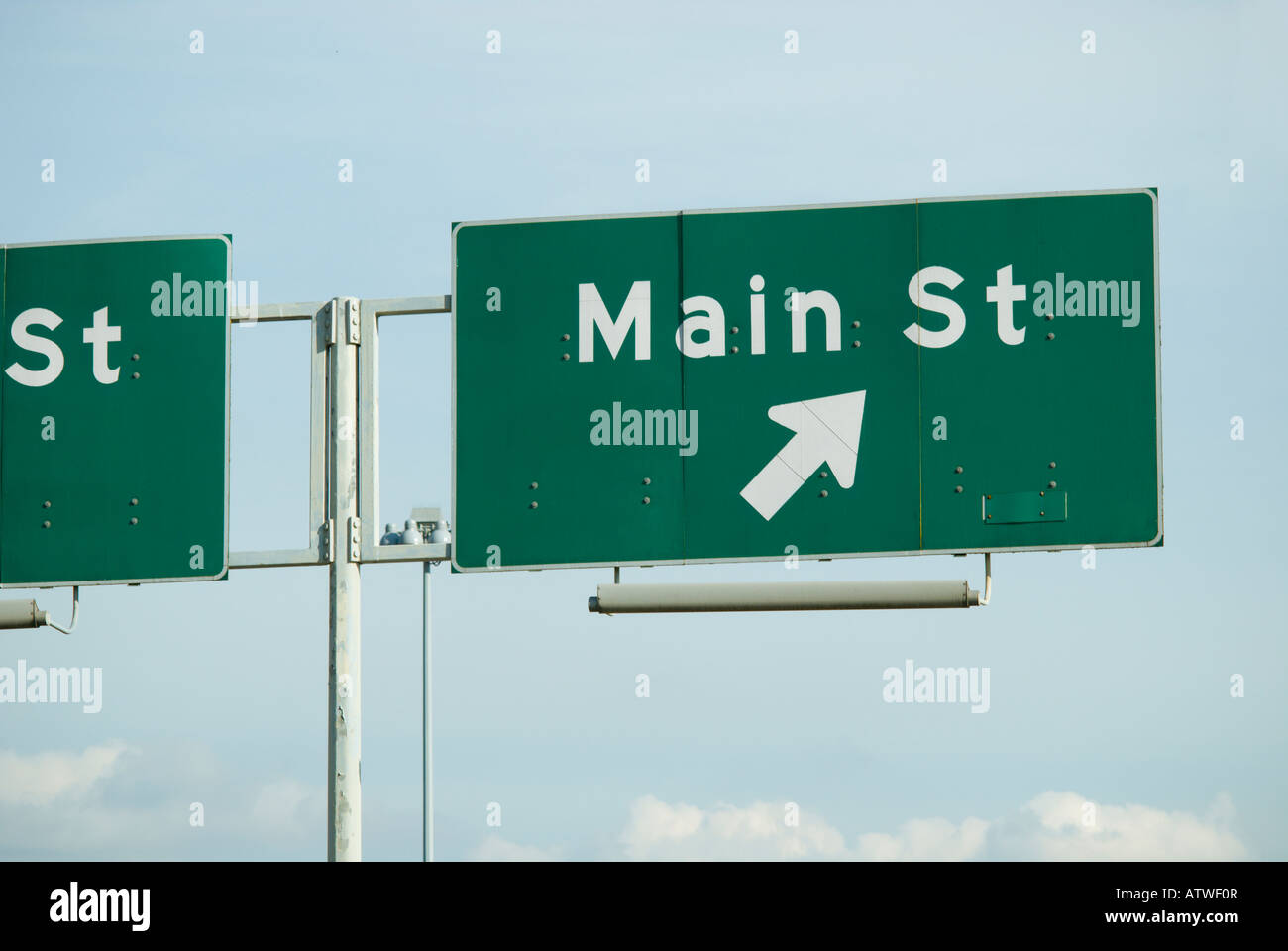 Green highway sign reading Main Street with directional arrow Stock ...