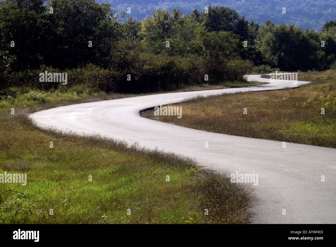 a paved path winding through open field into woods Stock Photo - Alamy