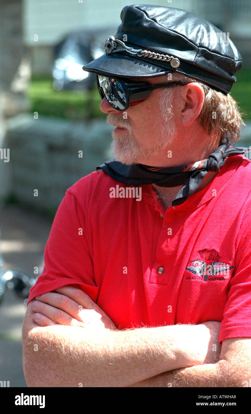 Colorful motorcycle biker age 55 enjoying Grand Old Day. Grand Old Day ...