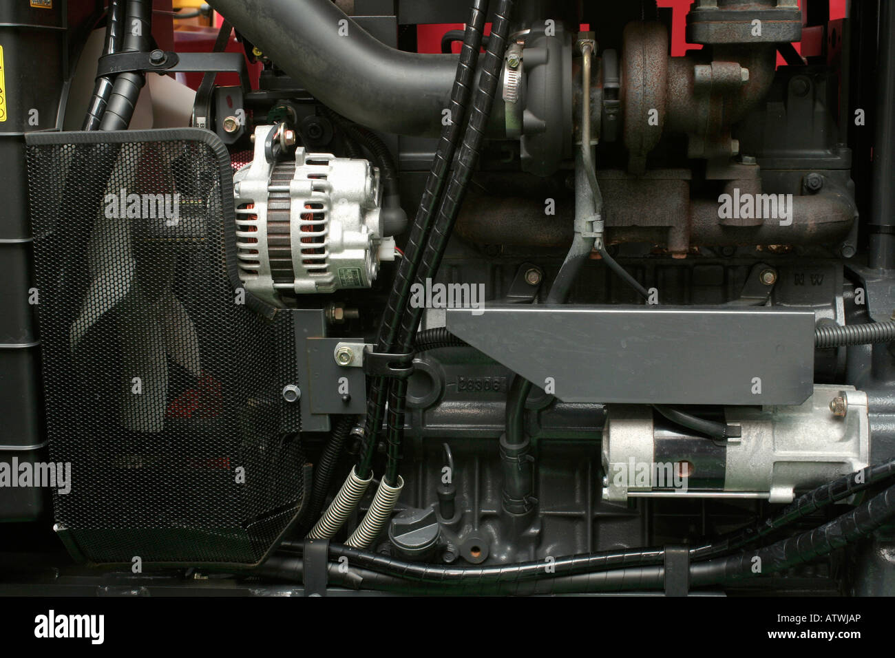 New diesel engine side view showing: fan, alternator, turbocharger, and ...
