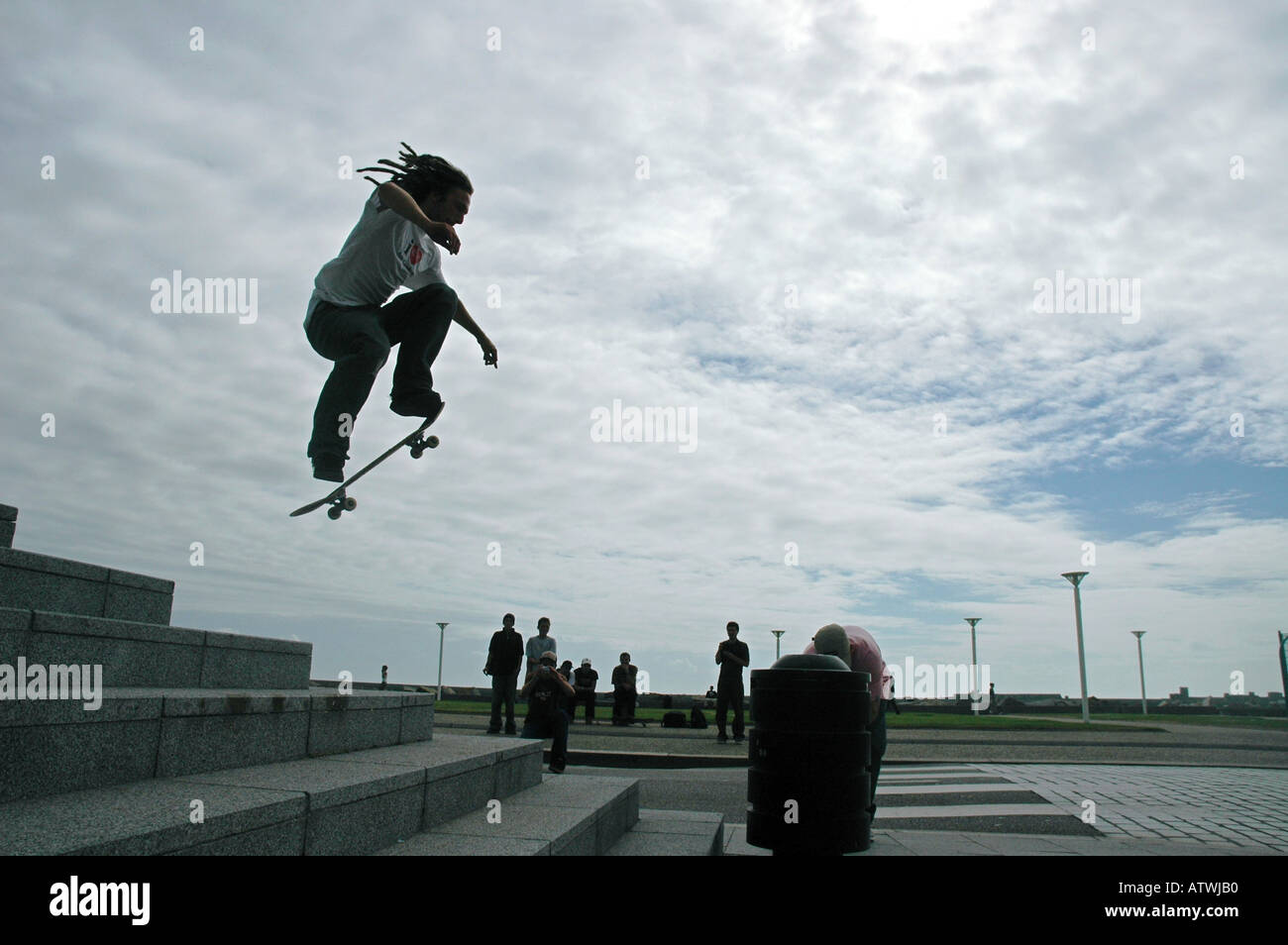 Skateboarder jumping off steps at Le Harve, France Stock Photo - Alamy