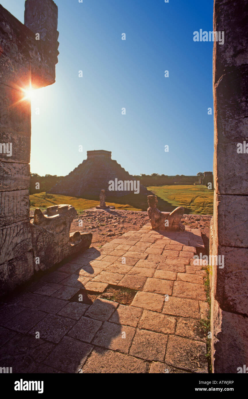 El Castillo Pyramid seen from Temple of the Warriors Mayan Indian Ruins ...