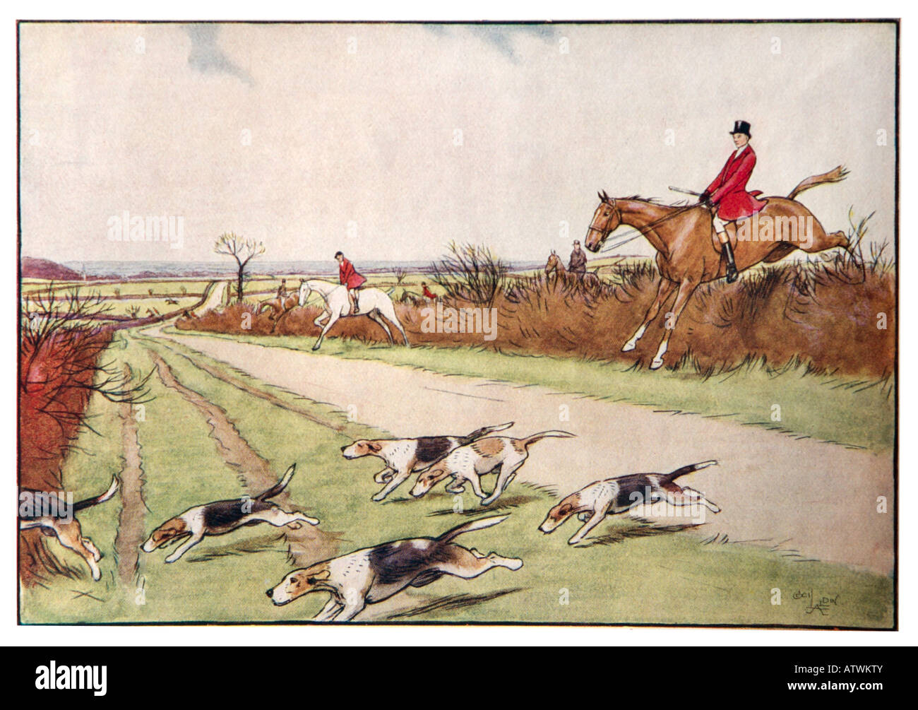 "The dogs came dashing across the field...the horses following close ...