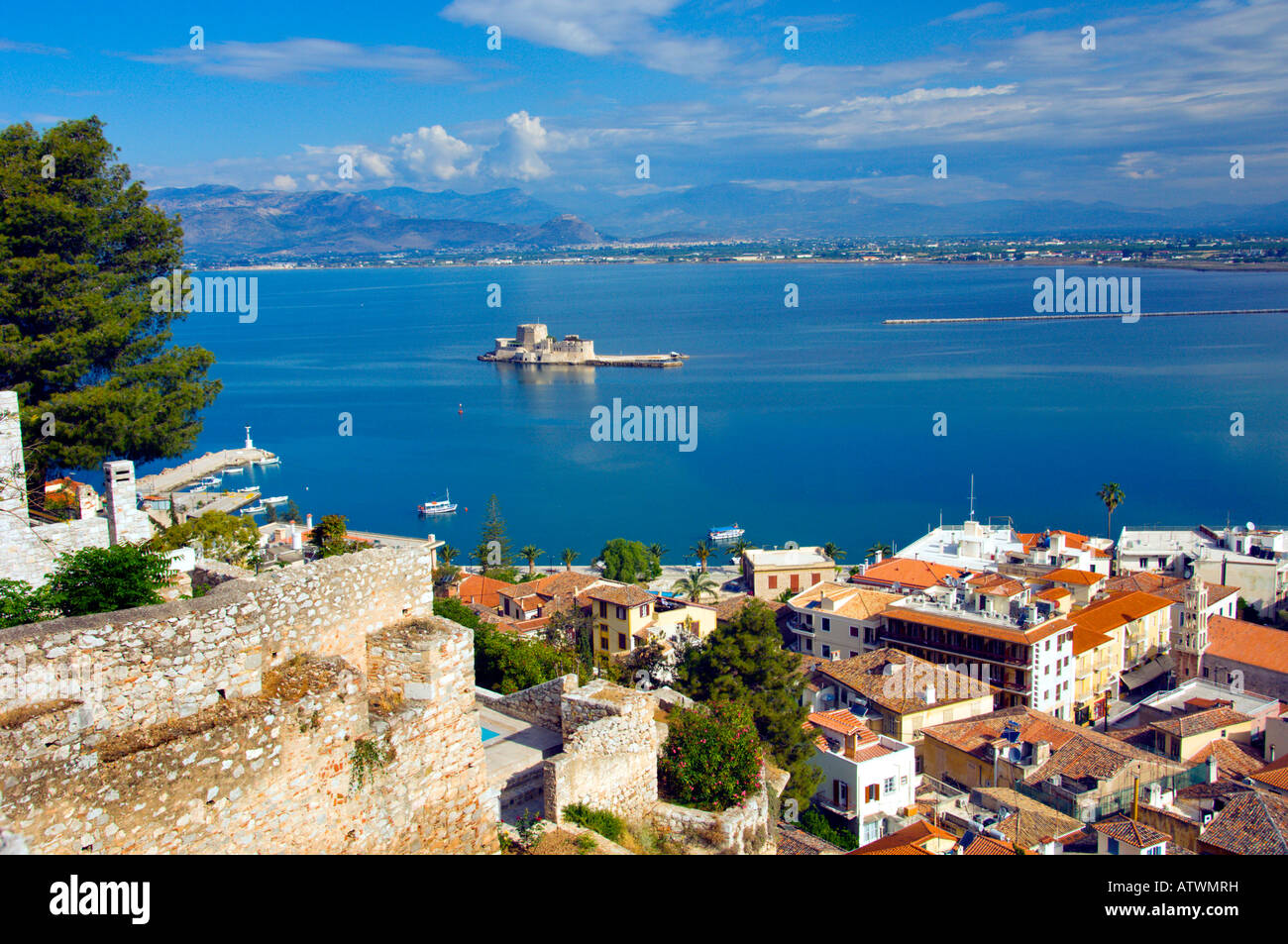 Views of the harbour and Bourtzi island fortress from the Akronafplia ...