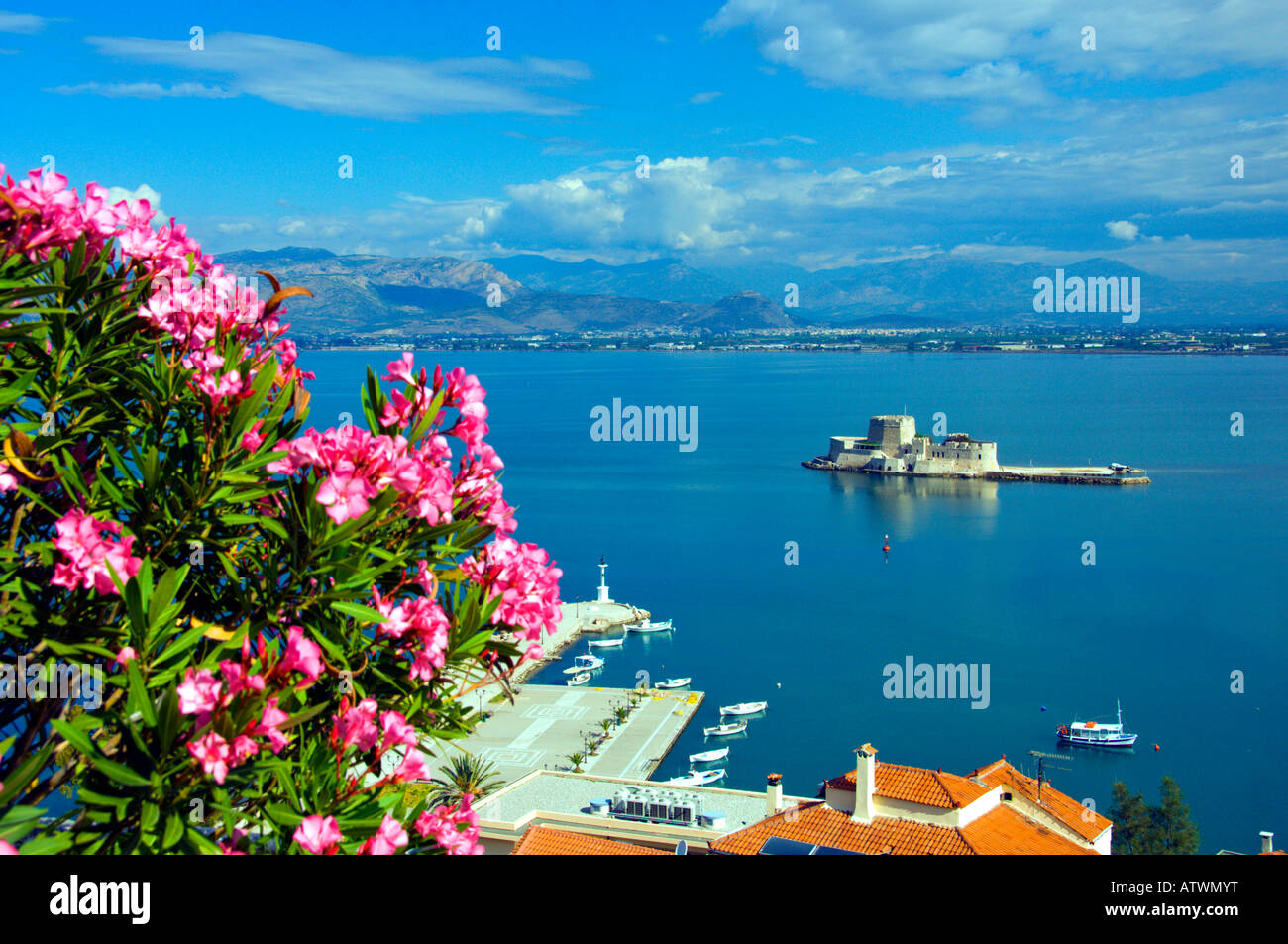 Views of the harbour and Bourtzi island fortress from the Akronafplia ...