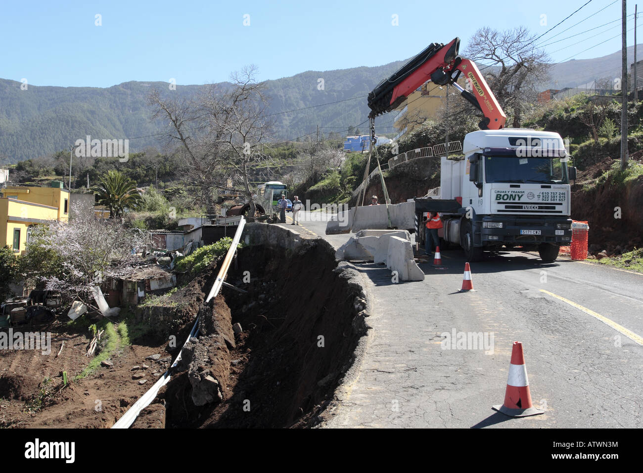 Road collapse near Aquamansa Oratava valley on the TF21 Tenerife Canary ...