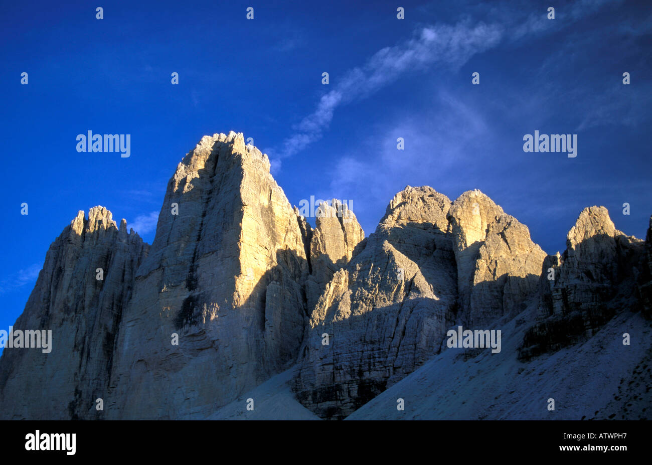 Tre Cime di Lavaredo peaks Dolomiti mountains Veneto Italy Stock Photo ...