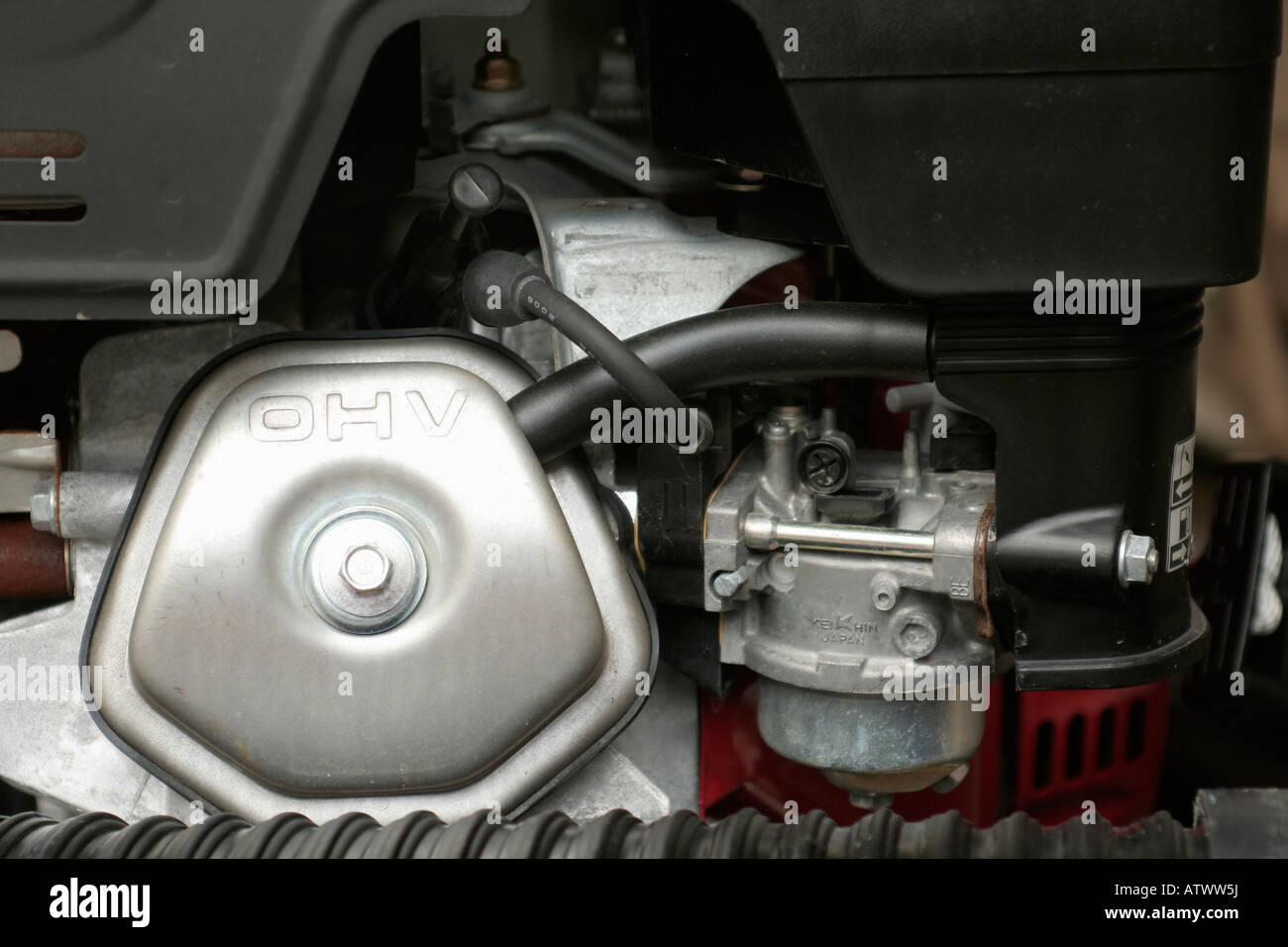 Overhead valve engine (OHV) showing cylinder head and carburetter Stock ...