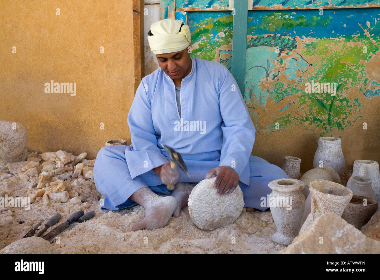 Egyptian alabaster craftsman making pots Luxor Egypt North Africa ...