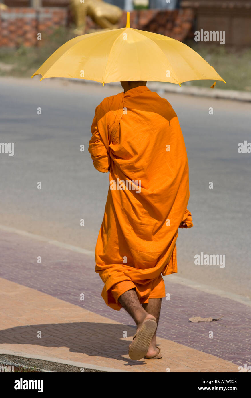 Buddhist Monk in Saffron Robe with Umbrella Battambang Cambodia Stock ...