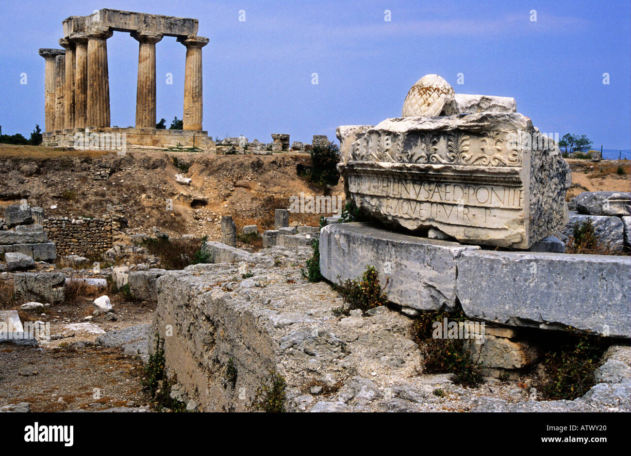 Temple of Apollo and other ruins at Ancient Corinth, Greece Stock Photo ...