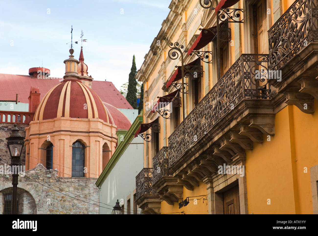 MEXICO Guanajuato Wrought iron railings on balconies dome of San Diego ...