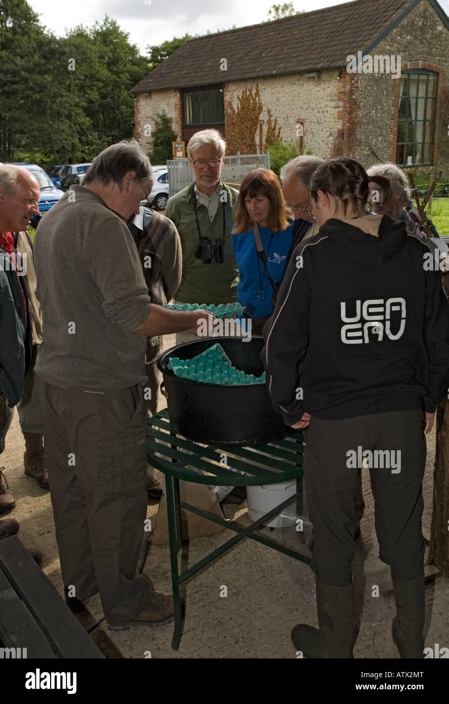 Moth trapping at Kingcombe Centre West Dorset with Peter Marren Stock ...