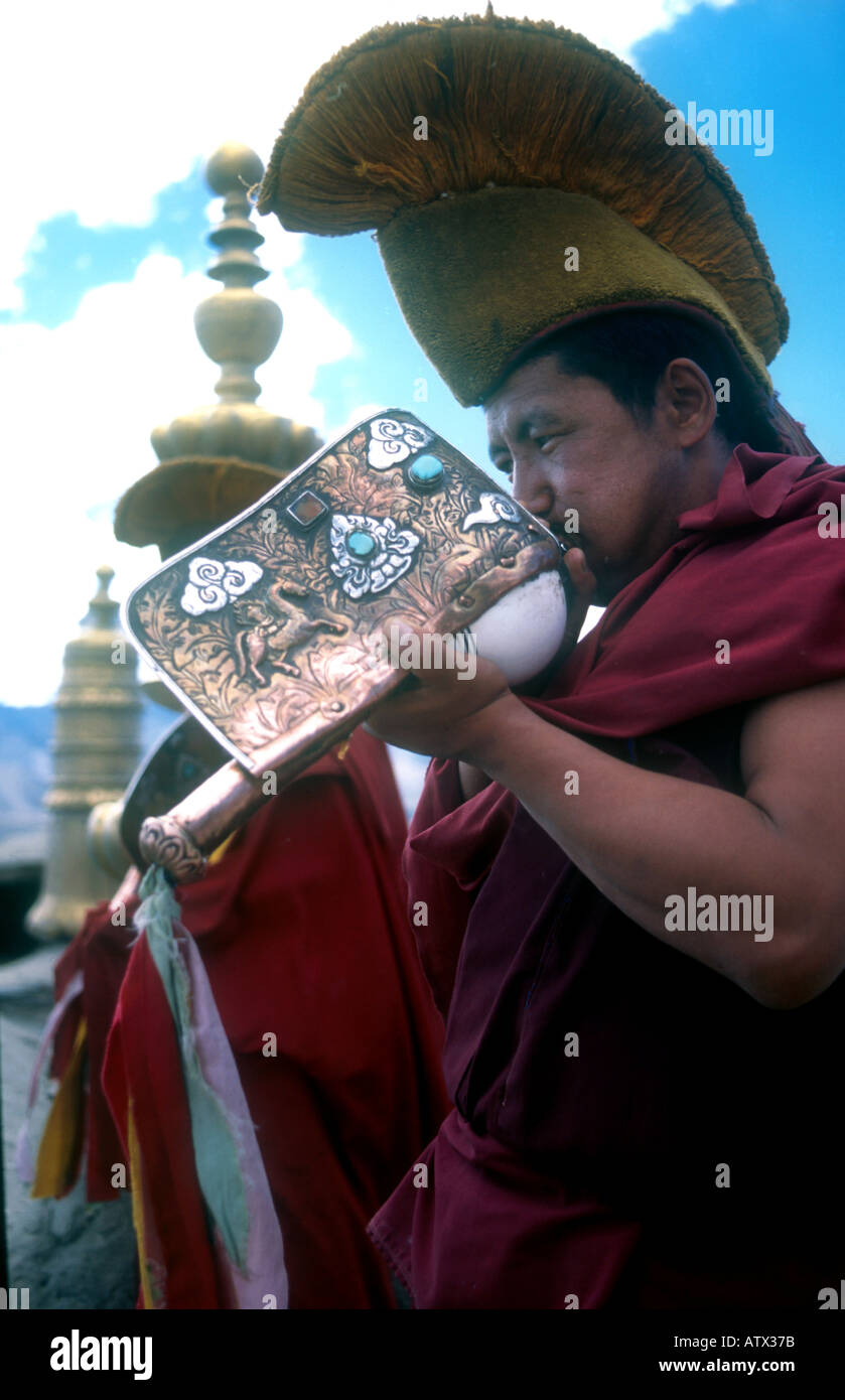 BUDDHIST MONK BLOWS TRADITIONAL HORN TIKSE GOMPA LADAKH INDIA PH DAN ...