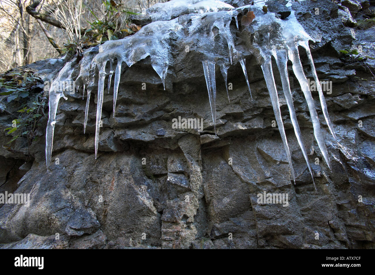 Icicles hanging from rock ledge with sparkling sunlight Stock Photo - Alamy