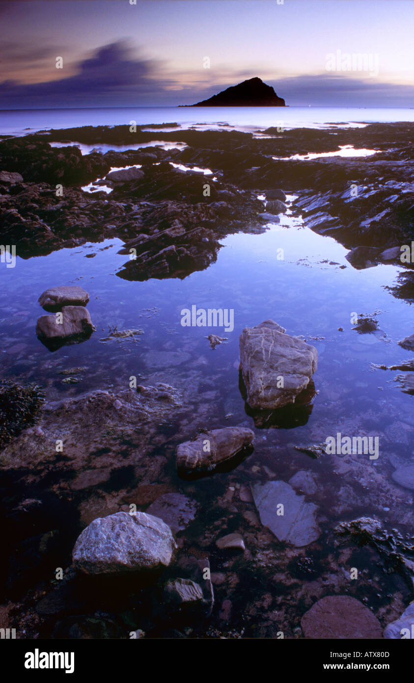 Sunset over Wembury beach and Great Mewstone South Devon with blue sky ...