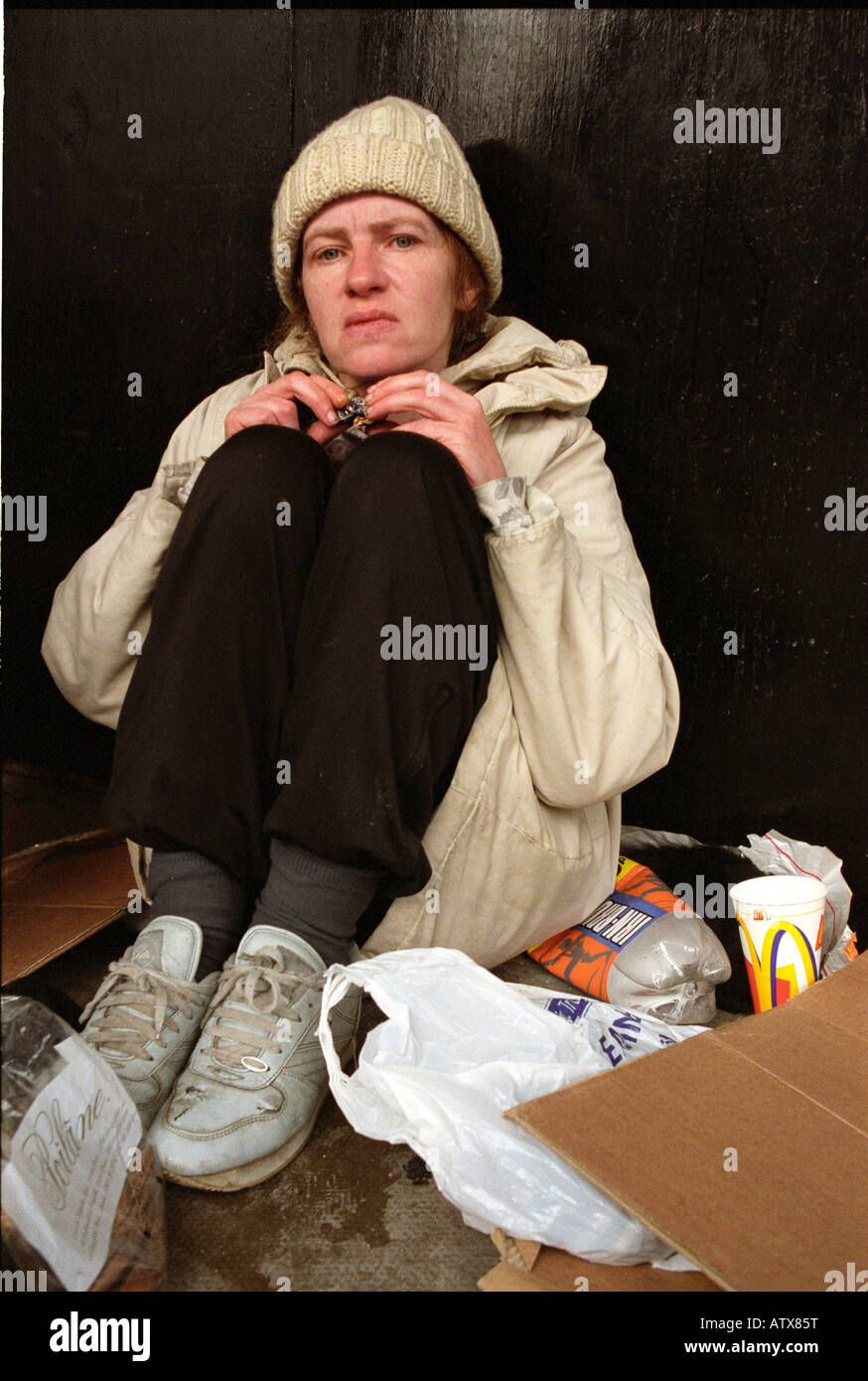 Homeless woman living in Victoria Street central London Stock Photo - Alamy