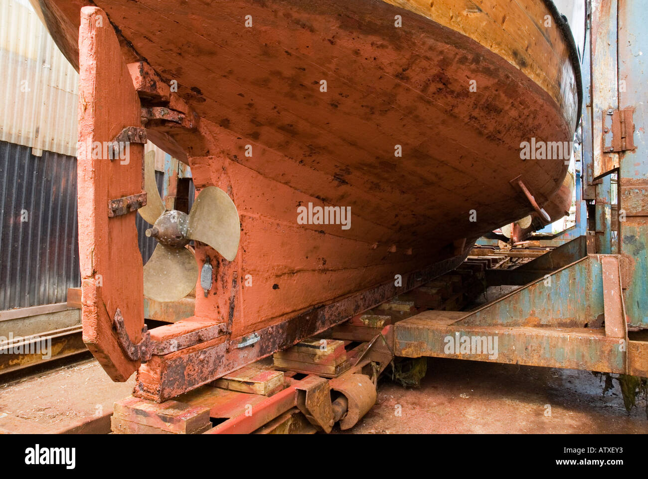Underside of boat in dry dock, Ballstad, Lofoten, Norway Stock Photo ...