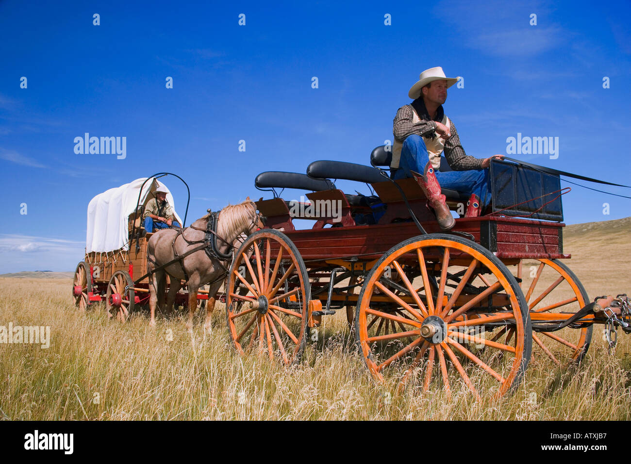 Cowboys sitting in chuck wagons Stock Photo - Alamy