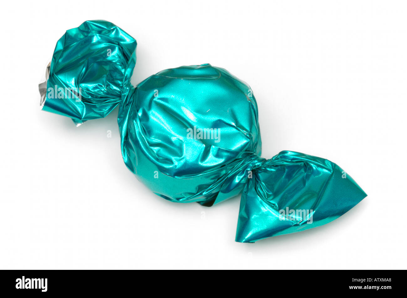 Cyan Blue shiny paper wrapped toffee sweet on white background Stock ...