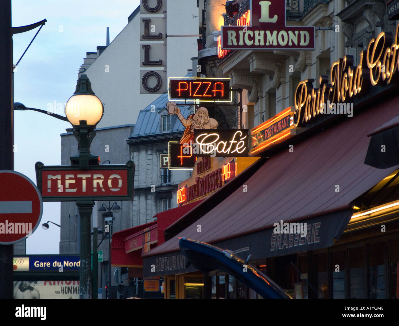 Paris France Signs opposite Gare du Nord railway station in the capital ...